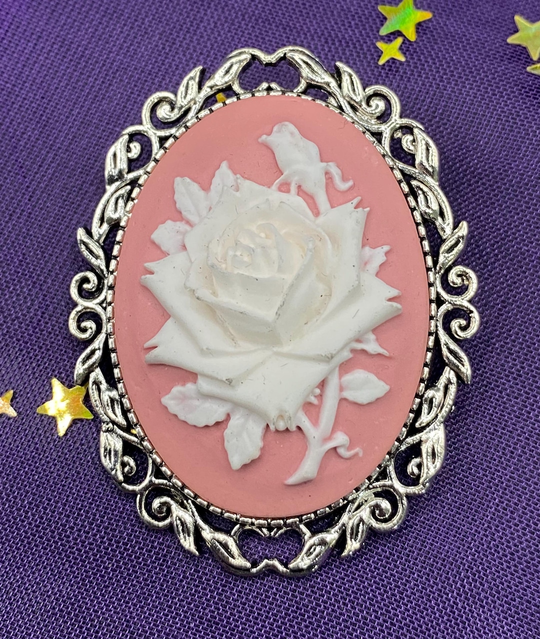 Pink And White Rose Cameo Brooch Etsy
