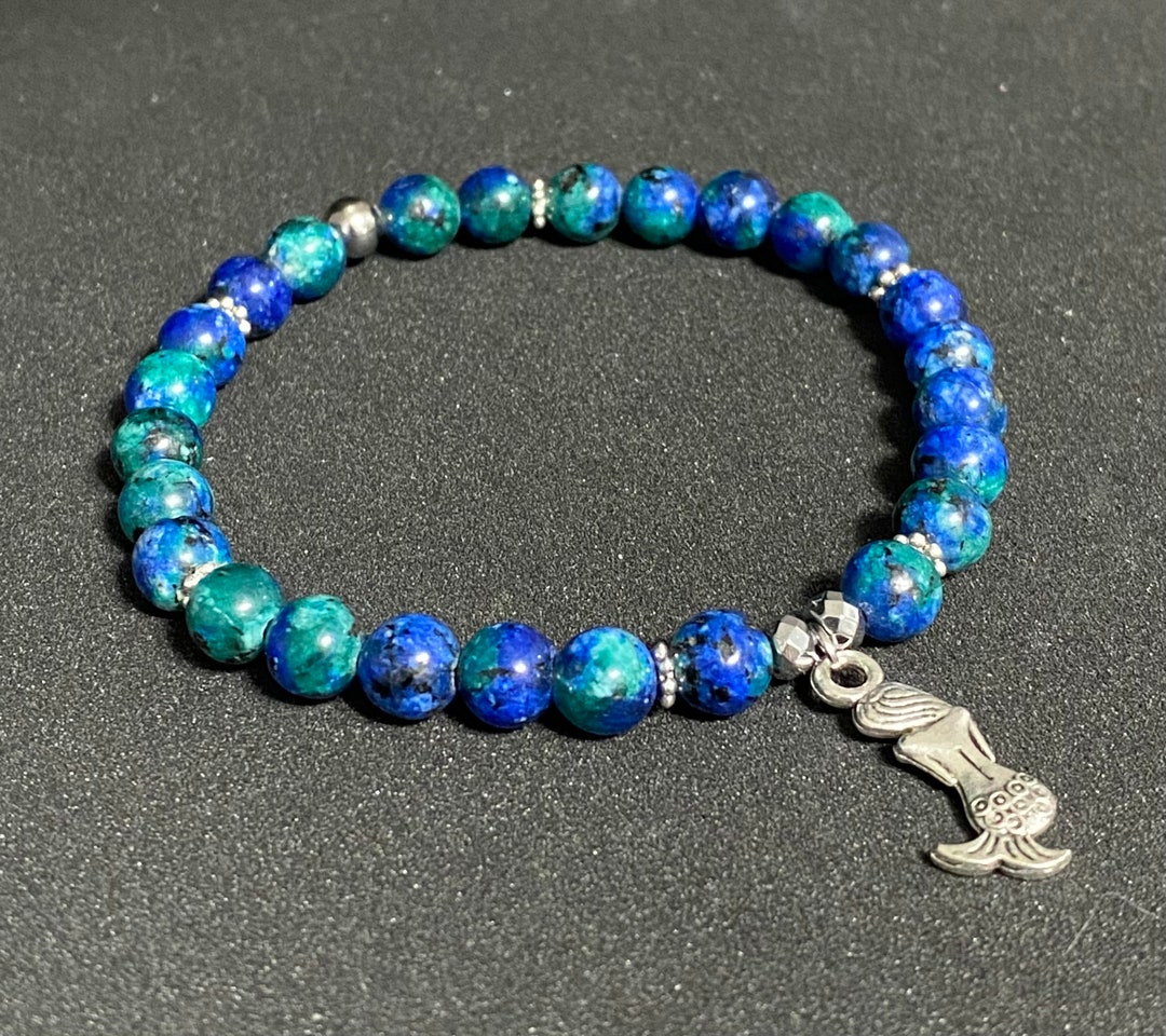 Green Blue Azurite With Mermaid Charm Beaded Gemstone Bracelet - Etsy