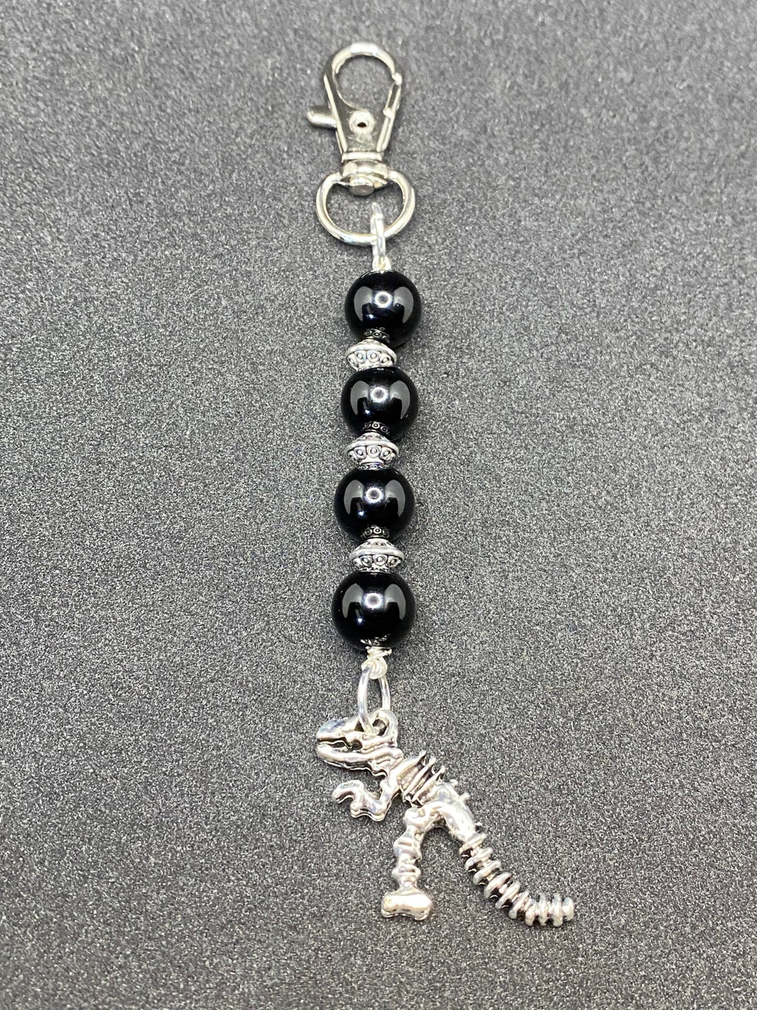 Black Jade and T-rex Skeleton Charm Beaded Gemstone Keychain - Etsy