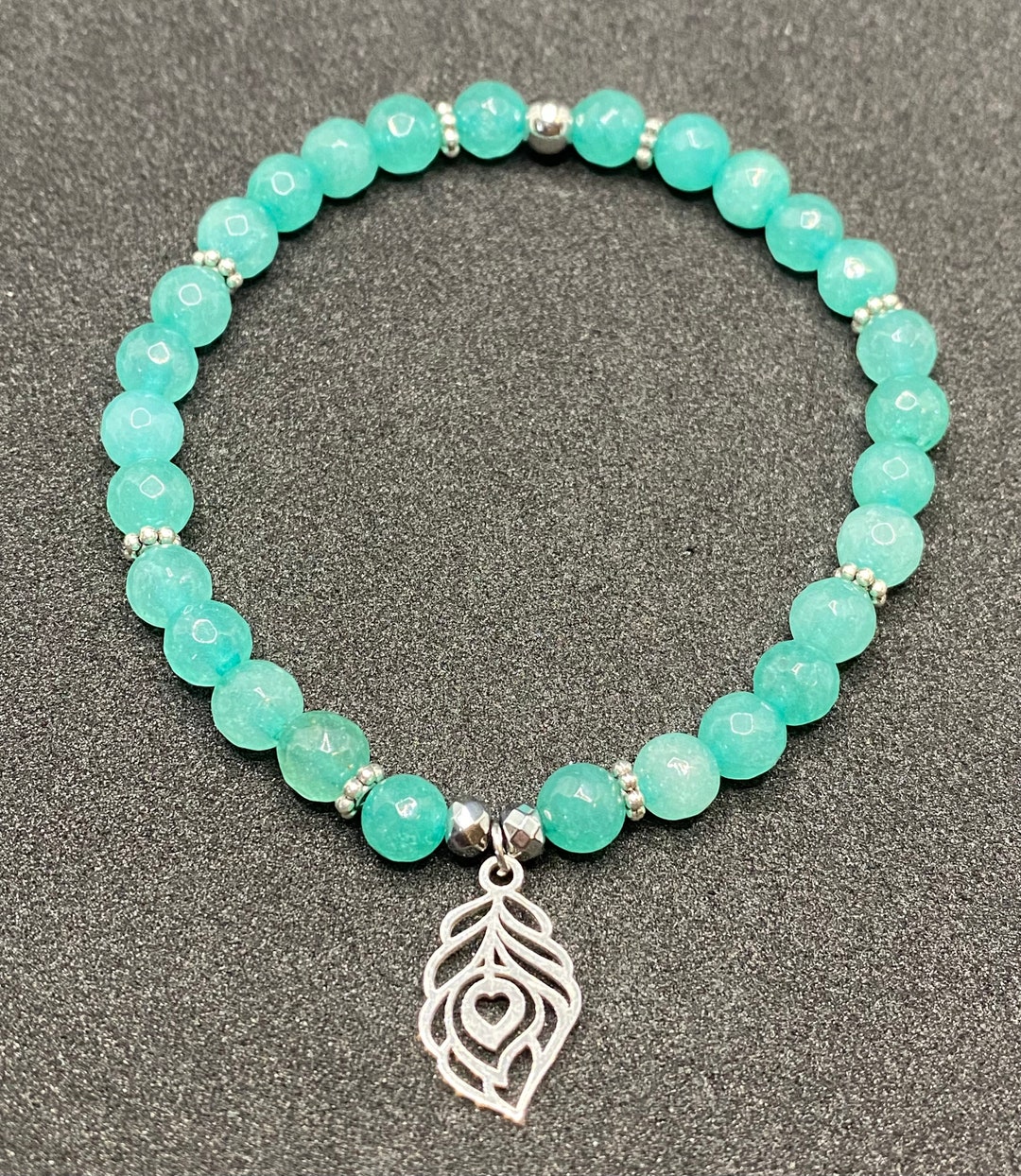 Aqua Green Jade and Peacock Feather Charm Beaded Gemstone Bracelet - Etsy