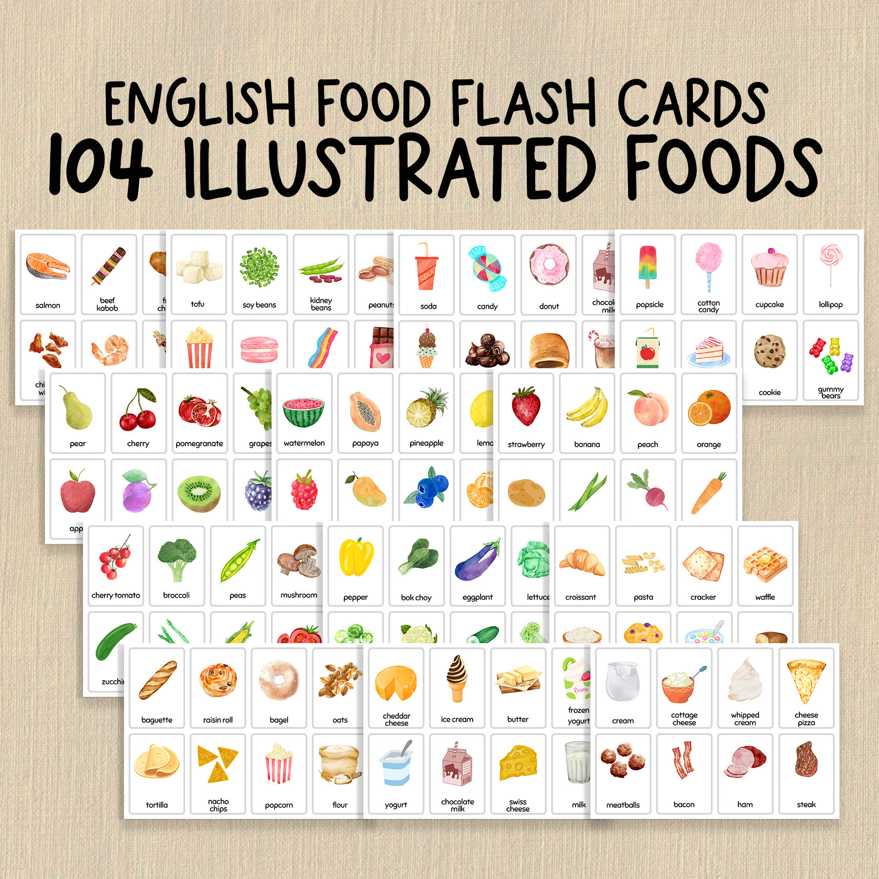 English Food Flash Cards | 104 Cards | Printable Food Flash Cards ...