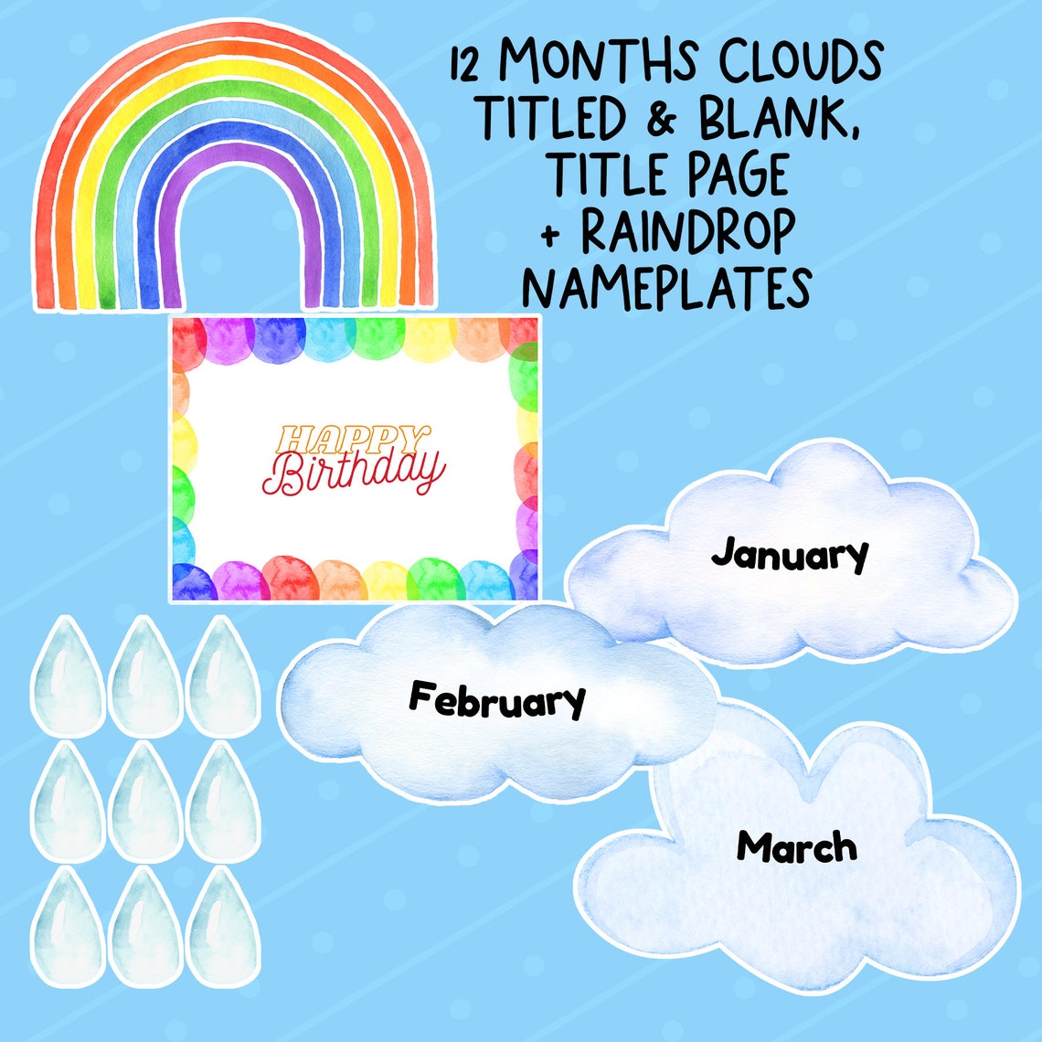Rainbow Clouds Raindrops Classroom Birthday Wall | PNG + PDF | Natural ...