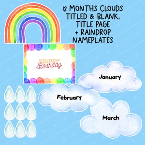 Rainbow Clouds Raindrops Classroom Birthday Wall | PNG + PDF | Natural ...