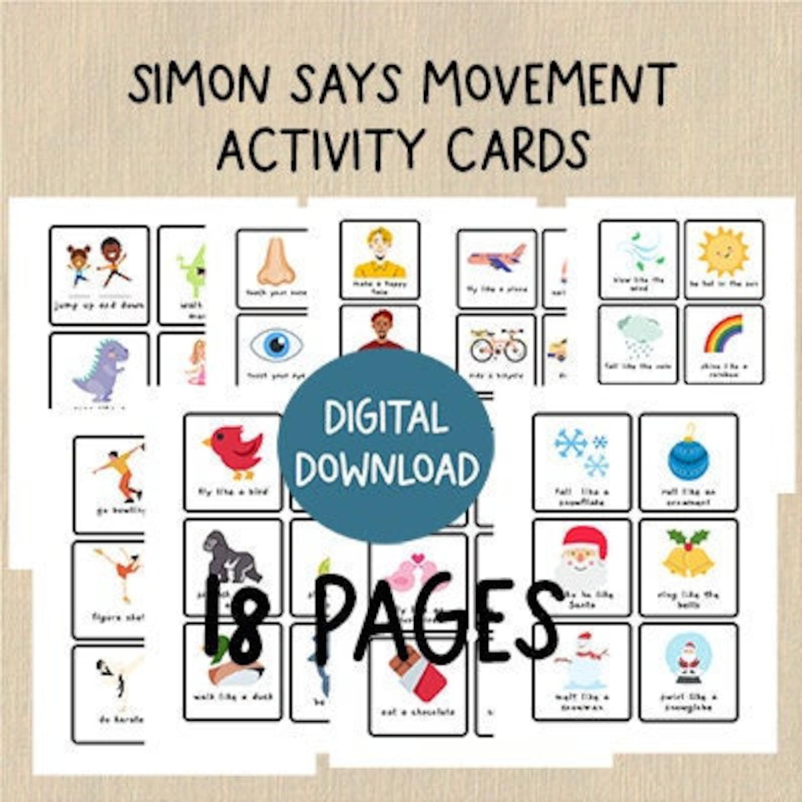 Simon Says Activity Cards | 18 Pages | Movement Flash Cards | Instant ...