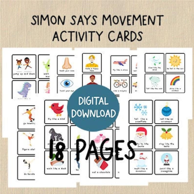 Simon Says Activity Flash Cards | Movement, Feelings, Animals (digital ...