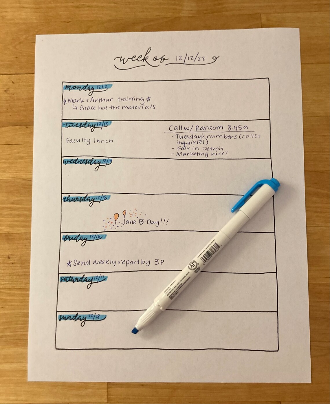 Printable Single Sheet Weekly Planner (cursive) - Etsy