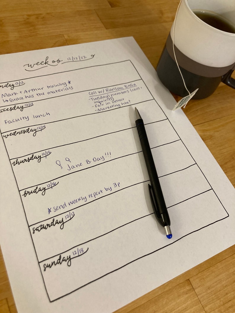 Printable Single Sheet Weekly Planner cursive - Etsy