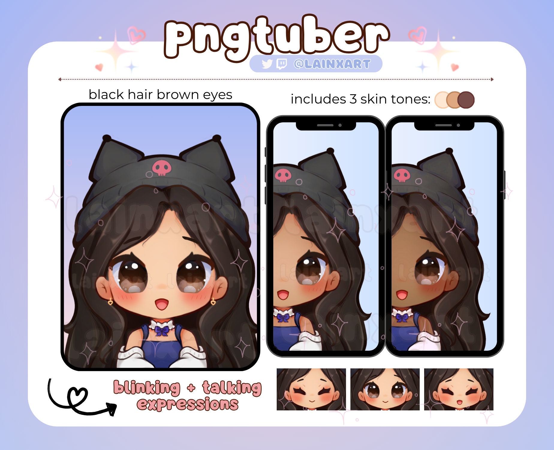 Kuro Pngtuber Cute Kawaii Chibi Girl | Black Hair Brown Eyes 3 Skin ...