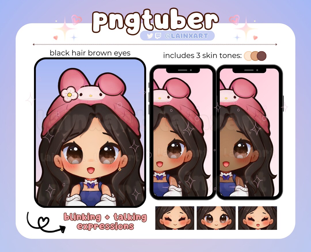 Melody Pngtuber Cute Kawaii Chibi Girl | Black Hair Brown Eyes 3 Skin ...