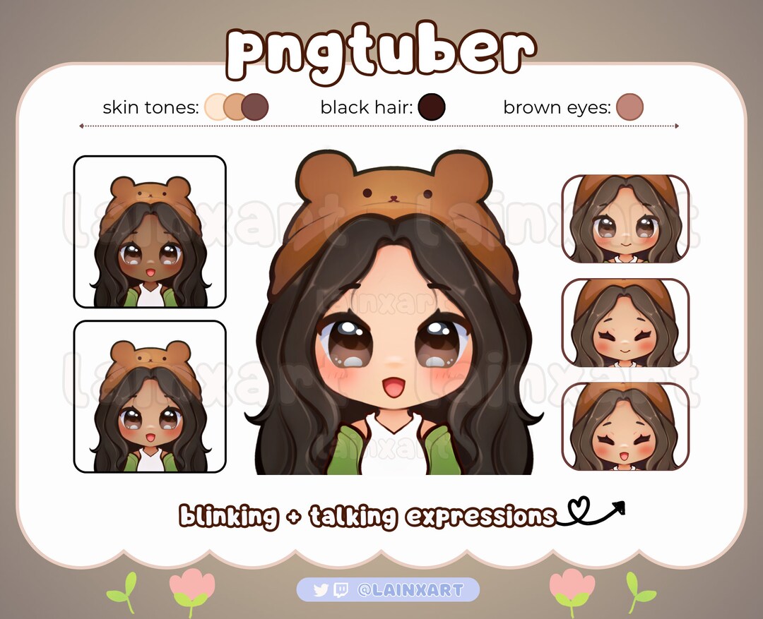 Pngtuber Bear Girl Cute Chibi Avatar Black Hair Brown Eyes 3 Skin Tone ...