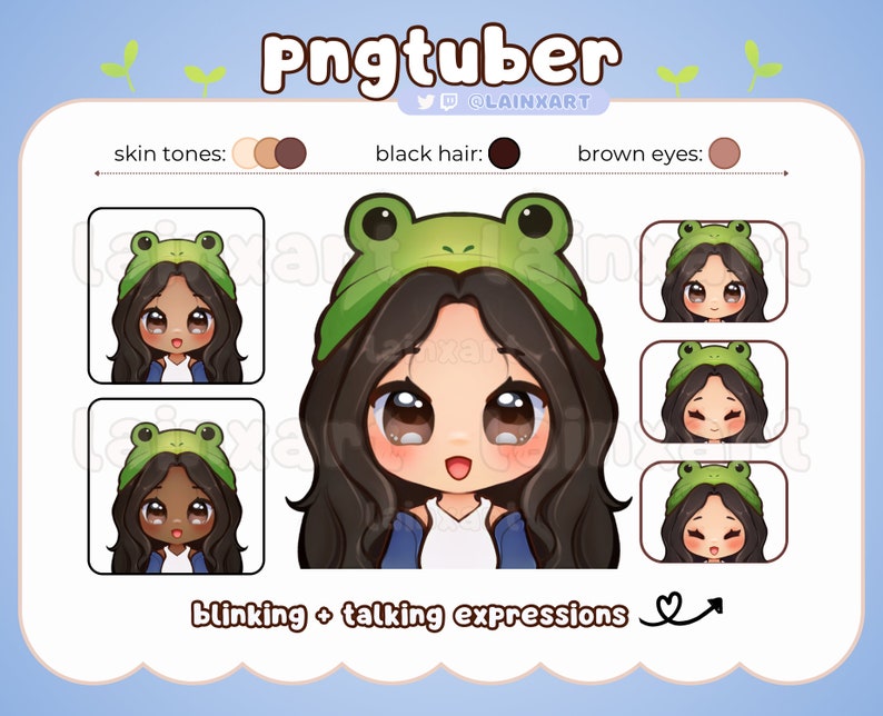Pngtuber Frog Girl Cute Chibi Avatar Black Hair Brown Eyes 3 Skin Tone Light Tan Dark Premade ...