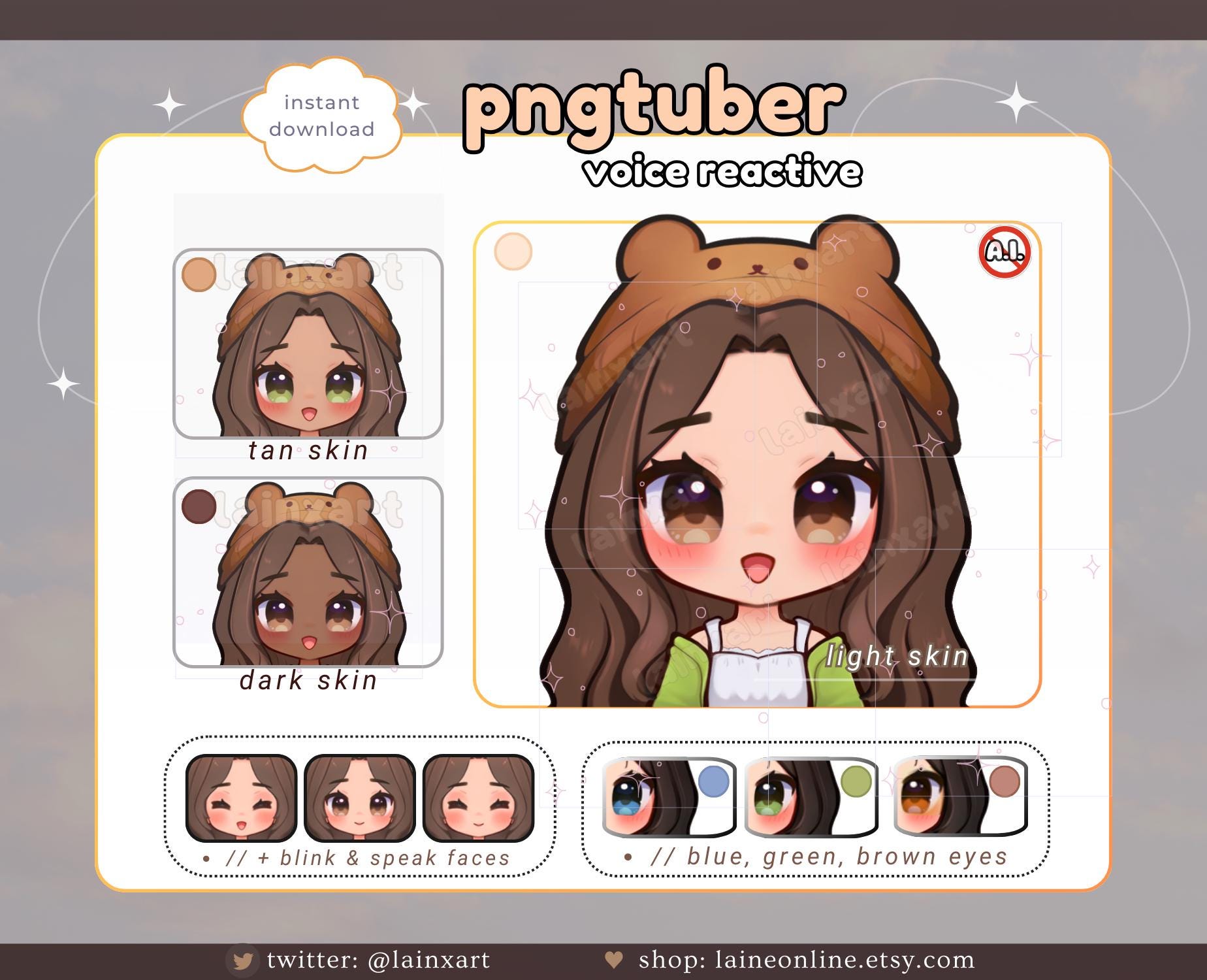 Kawaii Bear Pngtuber Model - Cute Chibi [BRUNETTE HAIR] Anime Girl ...