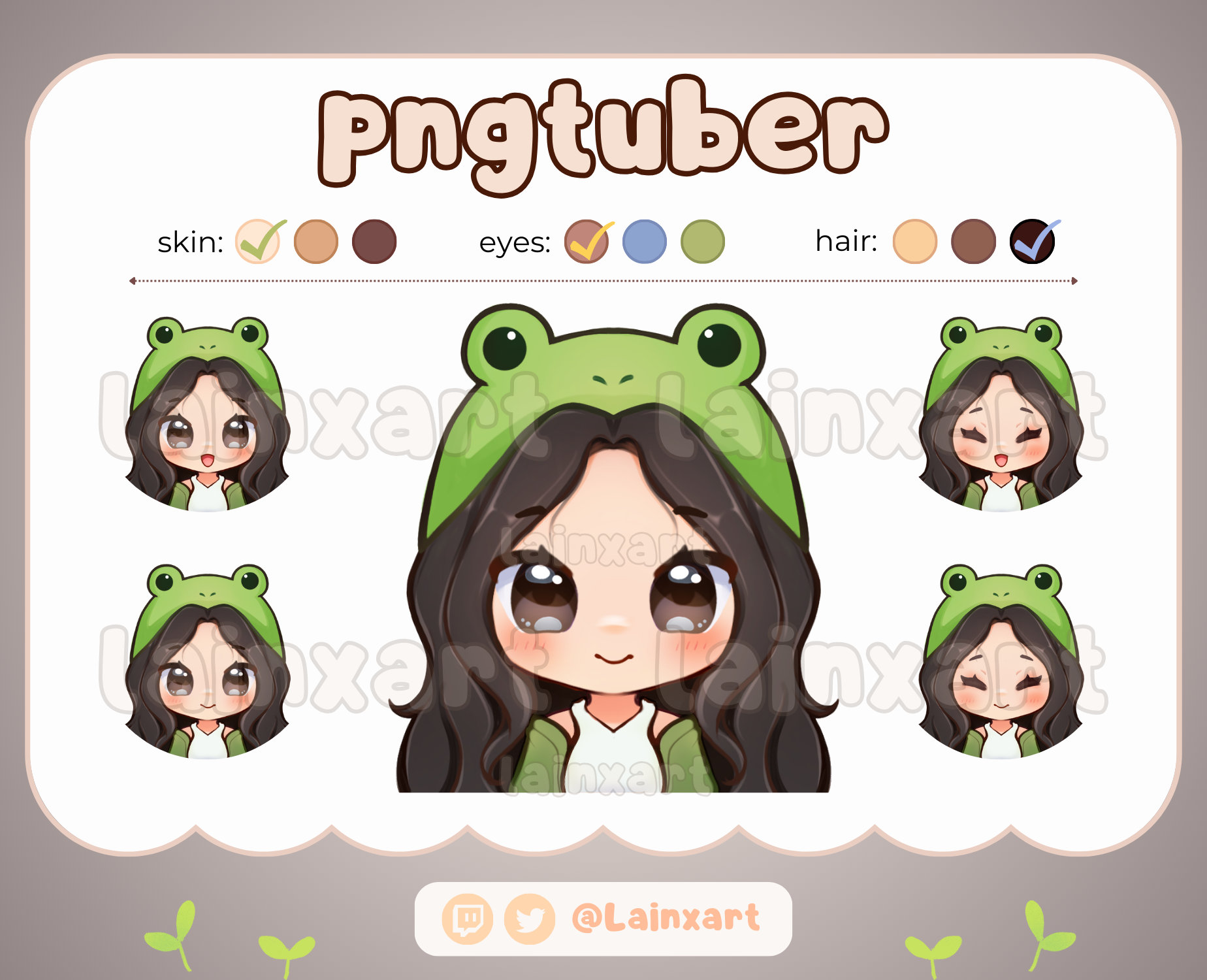 Pngtuber Frog Chibi Girl Cute Long Wavy Curly Black Hair Brown Eyes Premade Vtuber Model Light ...