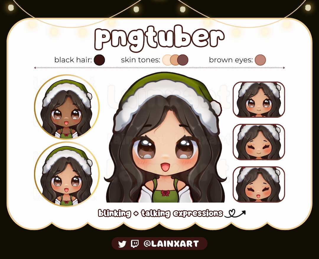 Pngtuber Christmas Cute Chibi Avatar | Black Hair Brown Eyes 3 Skin ...
