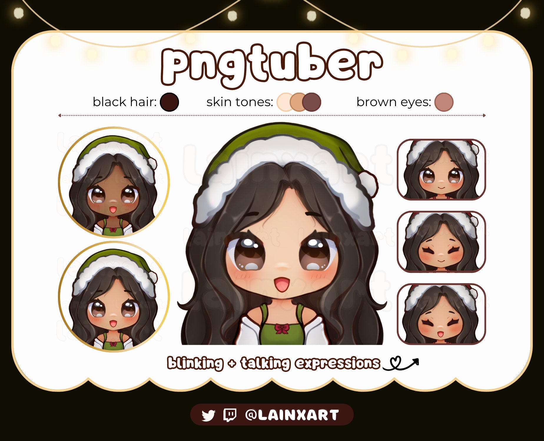 Pngtuber Christmas Cute Chibi Avatar | Black Hair Brown Eyes 3 Skin ...
