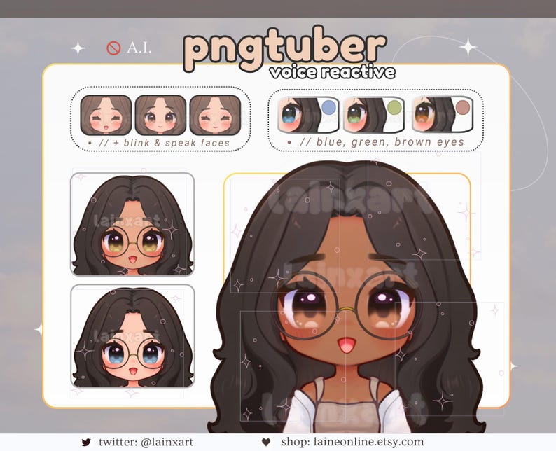 Cute Pngtuber Glasses Model BLACK HAIR Chibi (3 Skin Tone) Kawaii Anime ...
