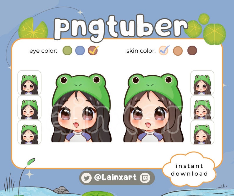 Pngtuber Frog Chibi Girl Cute Black Brunette Long Hair Brown Eyes Premade Vtuber Model Light ...