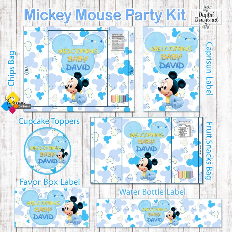 Printable MICKEY MOUSE Party Kit. Custom Baby Shower Labels: Favor Box ...