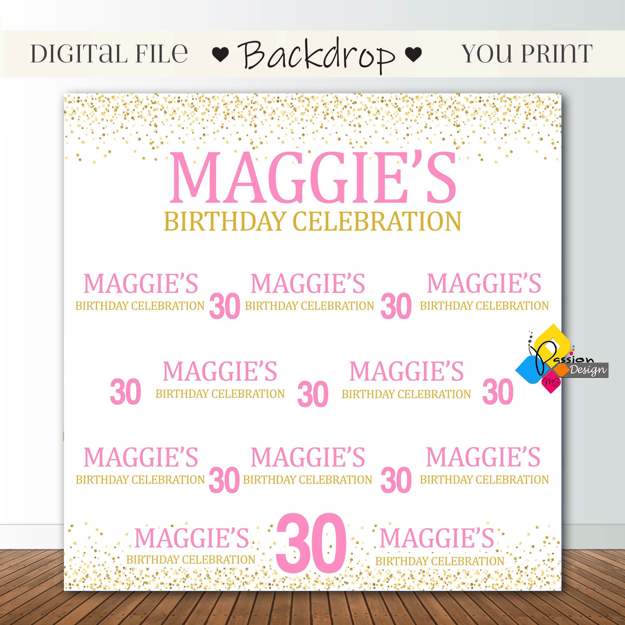 Printable Step and Repeat NAME Pink Gold and White Backdrop. - Etsy