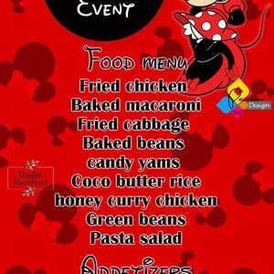 Printable Minnie Mouse RED Dinner Menu. Red Minnie Mouse Birthday Menu ...