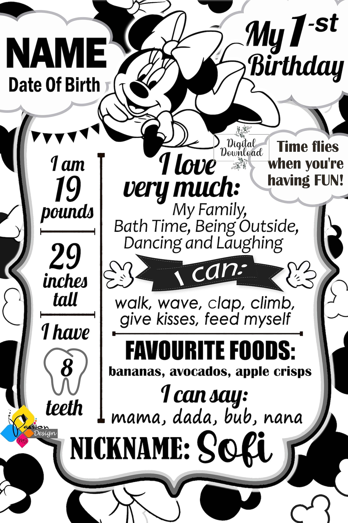 Printable MINNIE MOUSE Monochrome Milestone Board. First Birthday ...