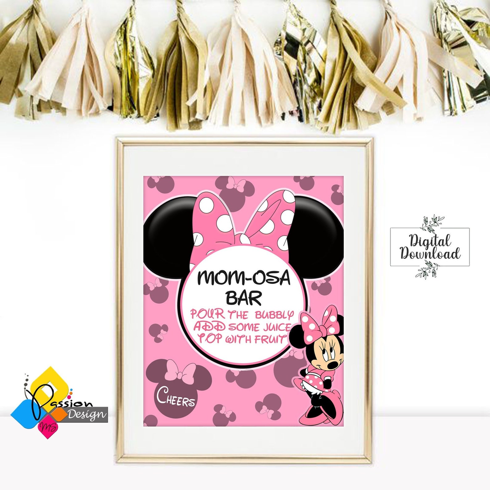 Printable MINNIE MOUSE Mom-osa Bar Sign. Minnie Mouse Party Sign Drinks ...