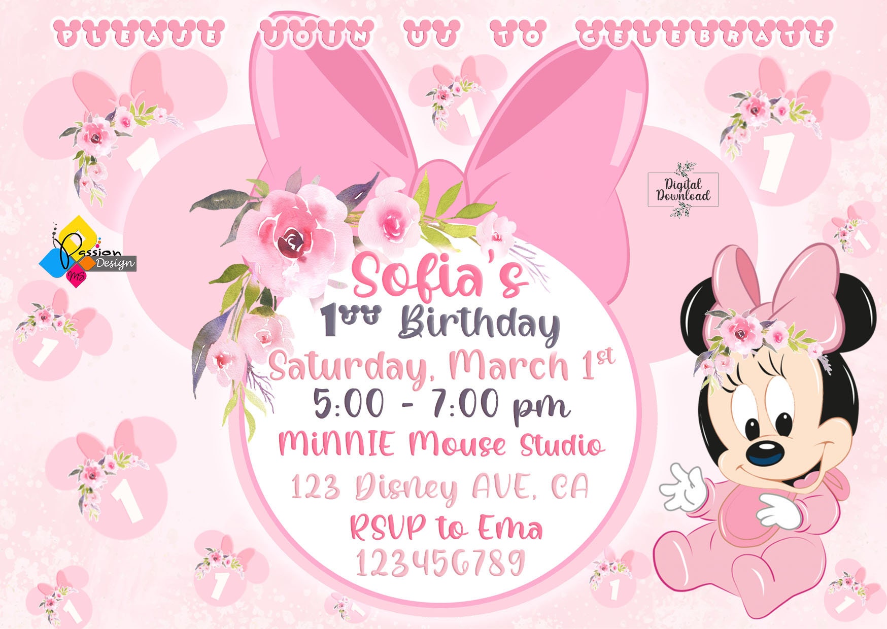 Invitación Floral para Primer Cumpleaños de Bebé MINNIE MOUSE para ...