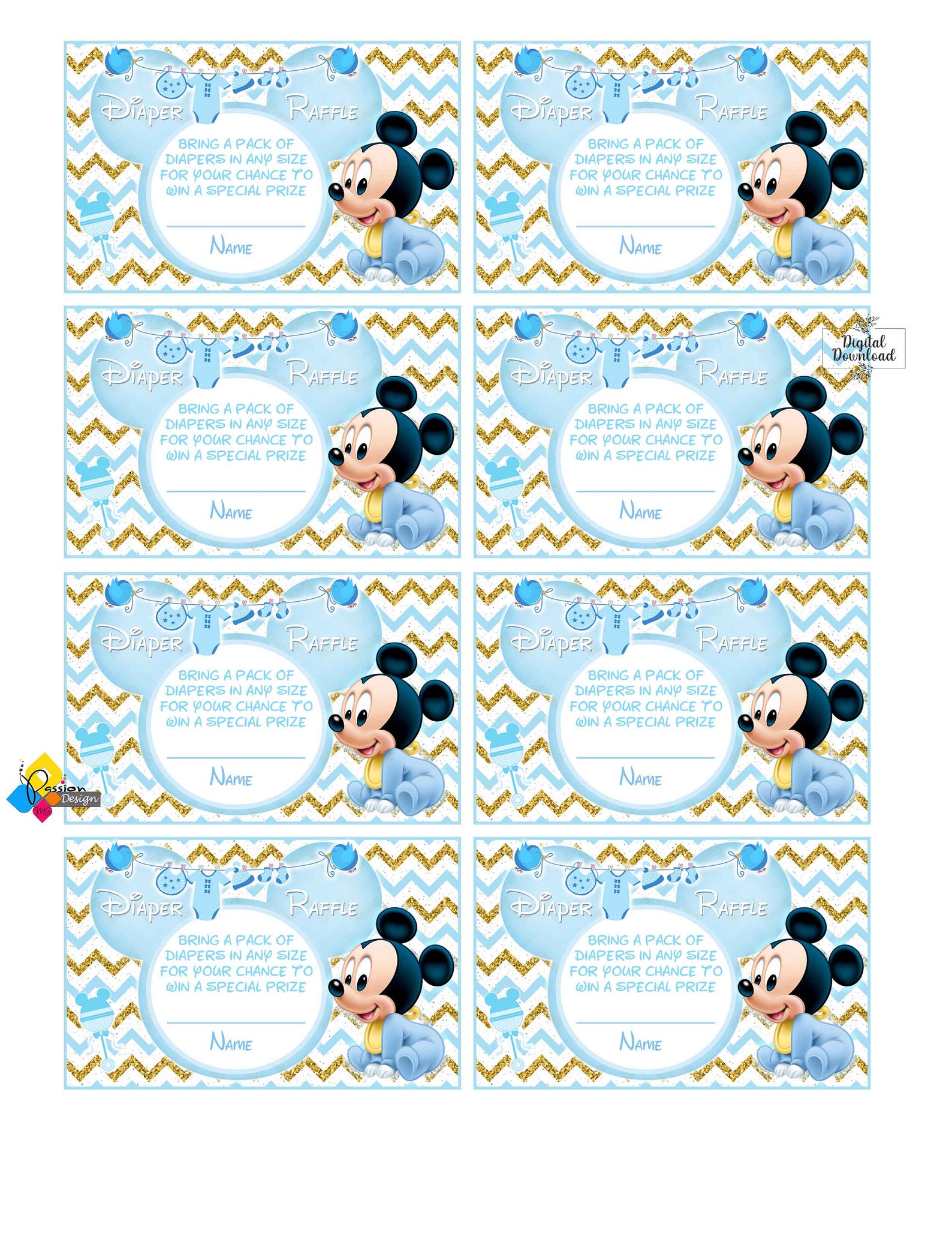Printable Baby MICKEY MOUSE Diaper Raffle Kit. Baby Shower Diaper ...