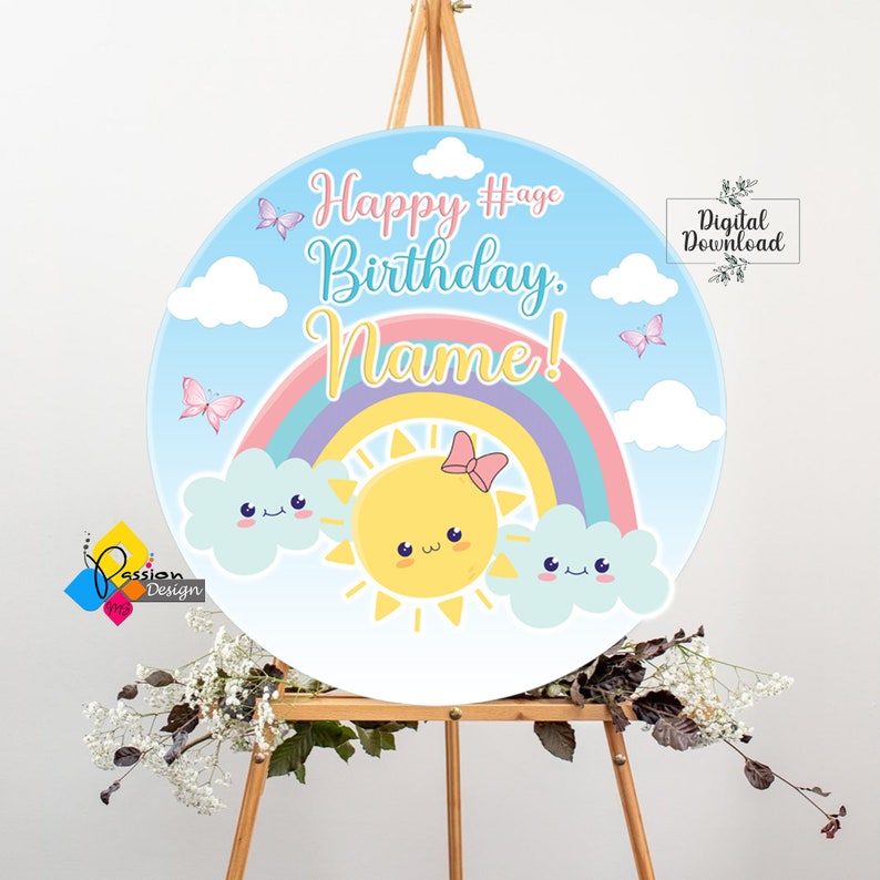 Printable SUN RAINBOW Birthday Backdrop Circle. Custom - Etsy