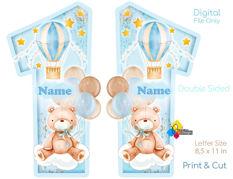 Printable Teddy Bear First Birthday Cake Topper. Custom Name - Etsy