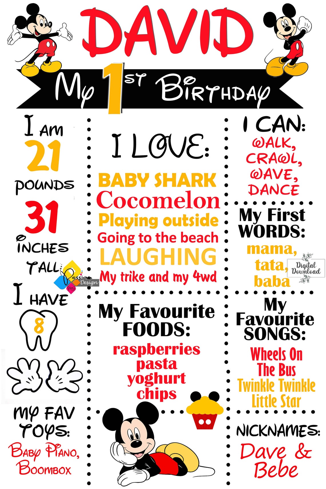 Printable MICKEY MOUSE Milestone Board. First Birthday Mickey Mouse Red ...