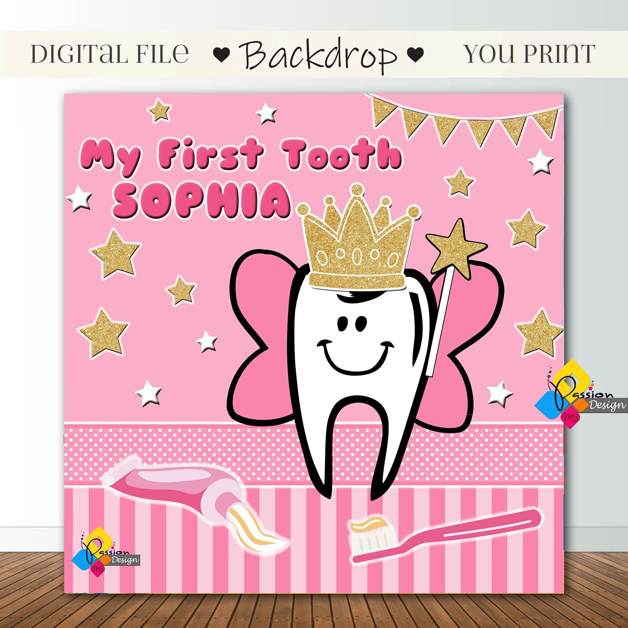 Printable My First Tooth Pink Backdrop. Birthday Party Decor. Tooth ...