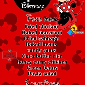 Printable Minnie Mouse RED Dinner Menu. Red Minnie Mouse Birthday Menu ...