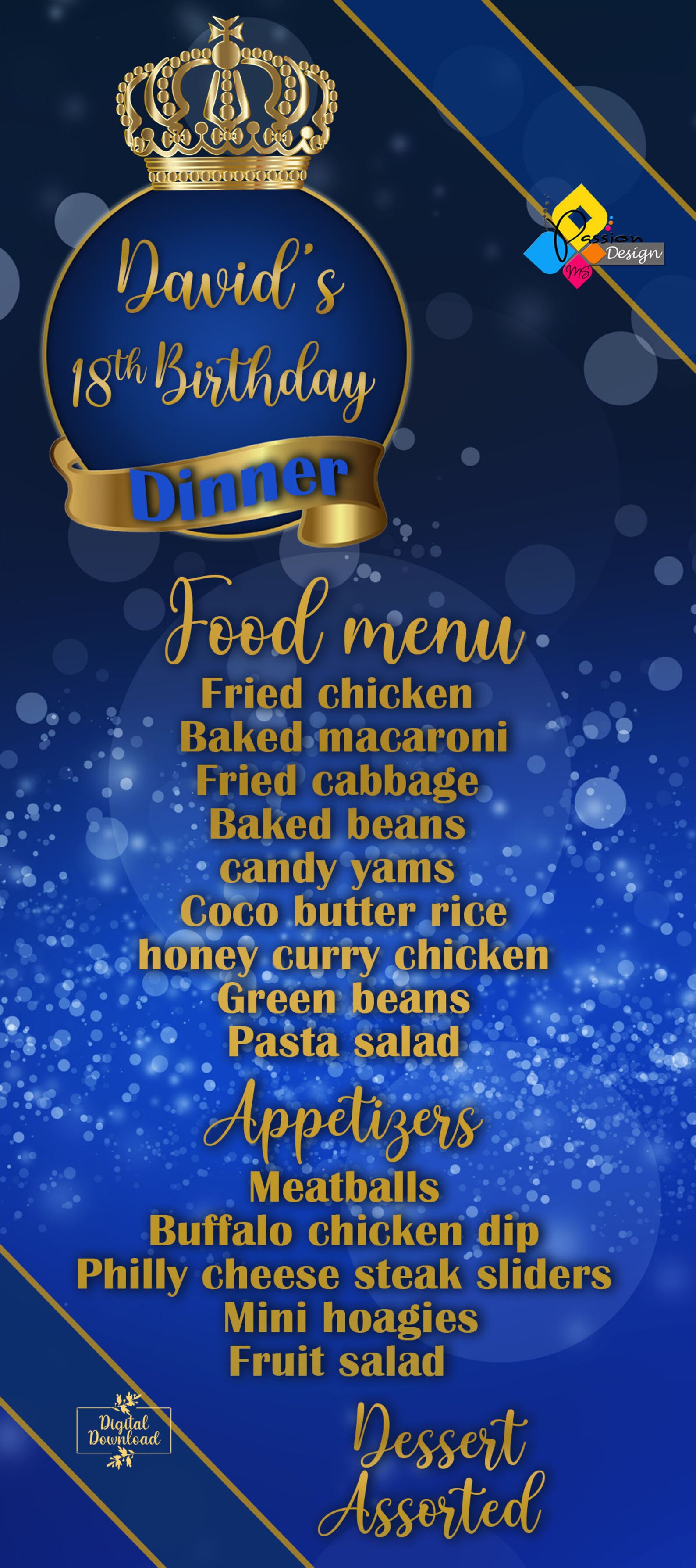 Printable Royal Blue and GOLD King Dinner Menu. Blue Luxury Menu Card ...