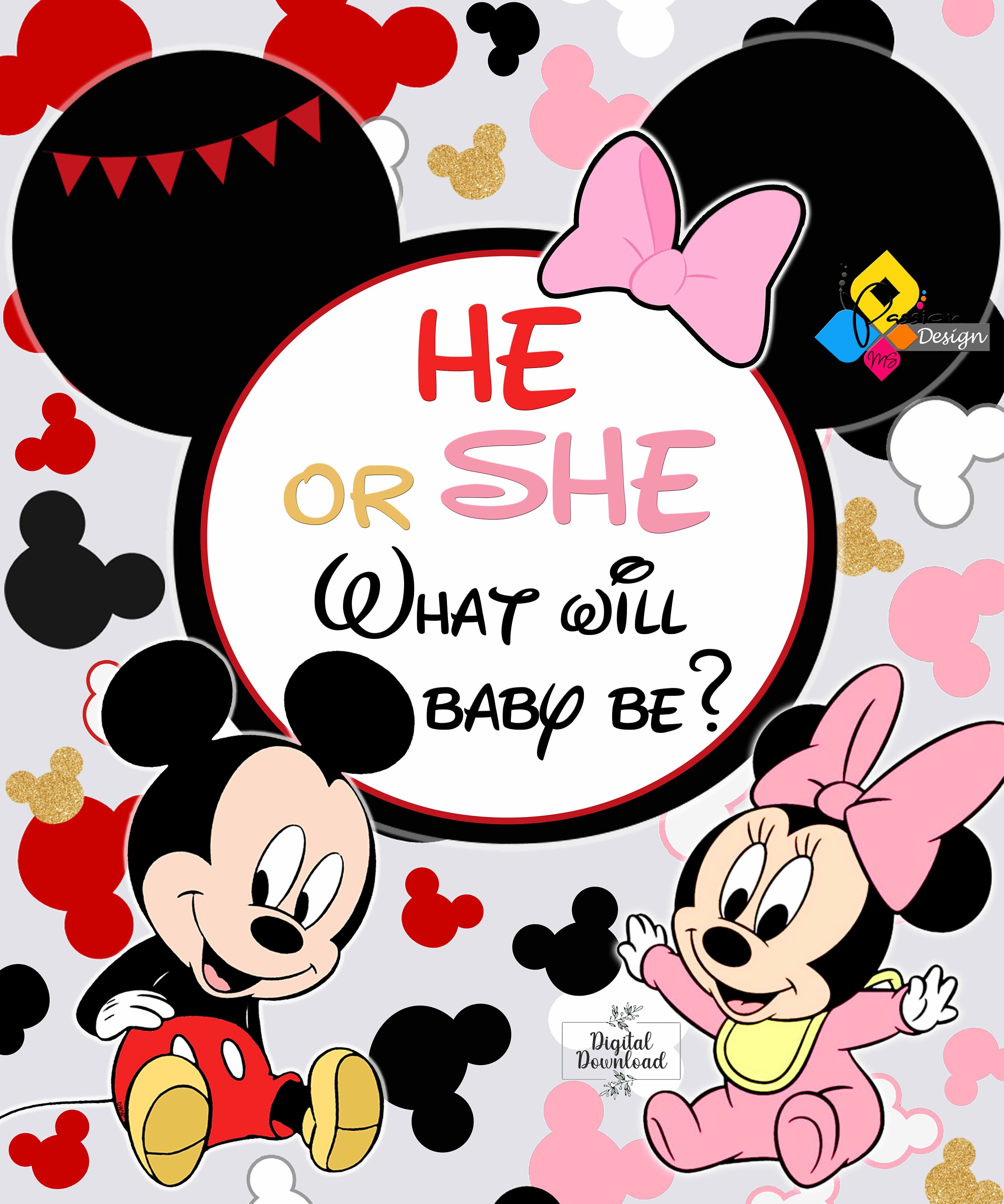 Printable MICKEY or MINNIE MOUSE Gender Reveal Welcome Board. Custom He ...