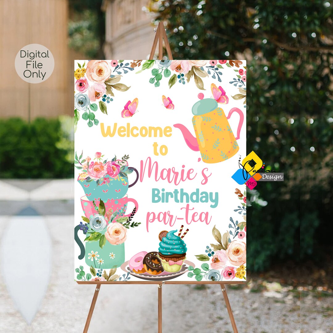 Printable Tea Party Welcome Board. Par-tea Floral Pink Gold - Etsy