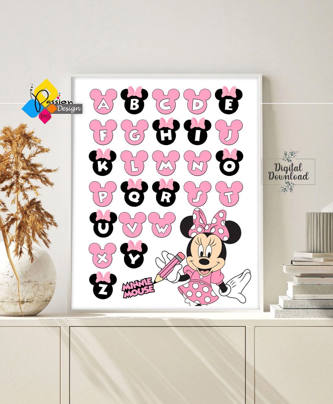MINNIE Mouse Pink Alphabet Poster. PRINTABLE Wall Art. Minnie ABC ...