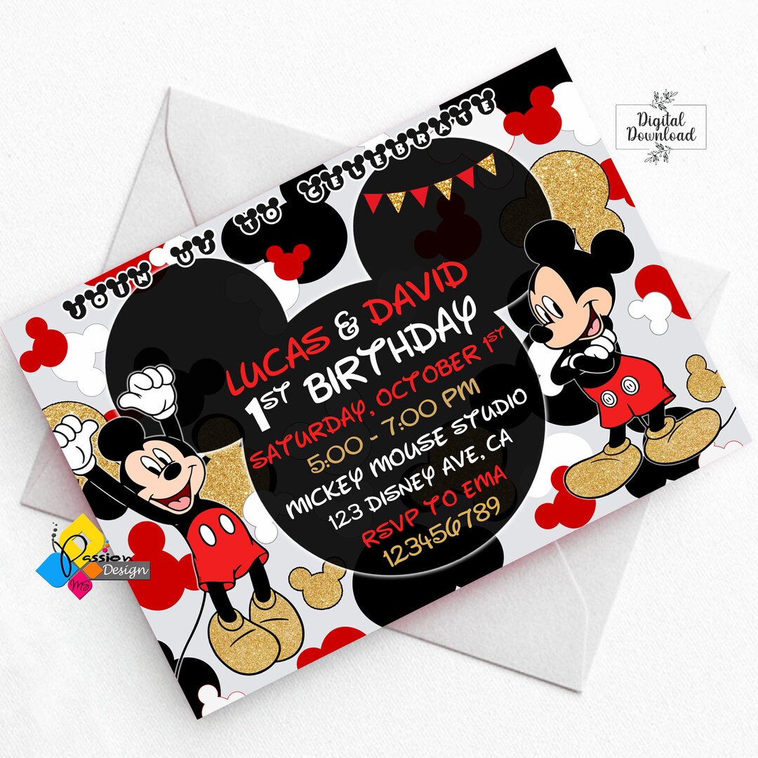 Printable Mickey Mouse TWINS Birthday Invitation. Custom Mickey Mouse ...
