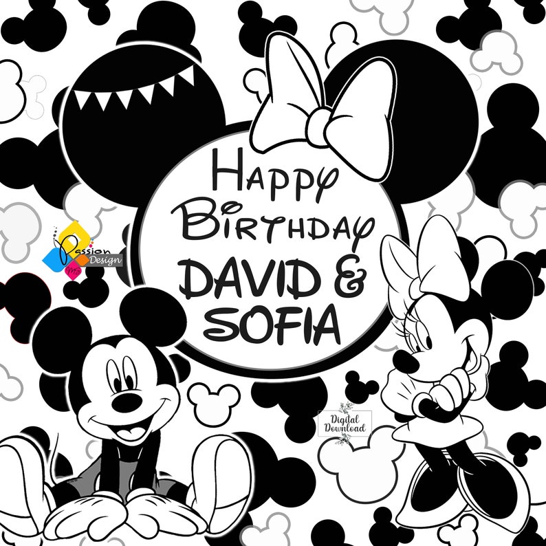 Digital MICKEY and MINNIE MOUSE Monochrome Birthday Backdrop. Custom ...