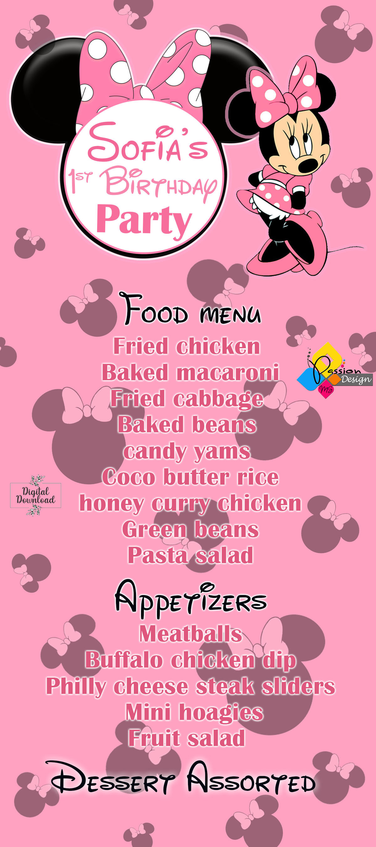 Printable Minnie Mouse PINK Dinner Menu. Pink Minnie Mouse Birthday ...