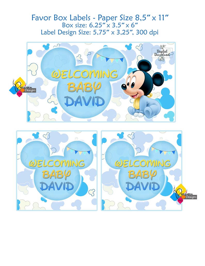 Printable MICKEY MOUSE Party Kit. Custom Baby Shower Labels: Favor Box ...