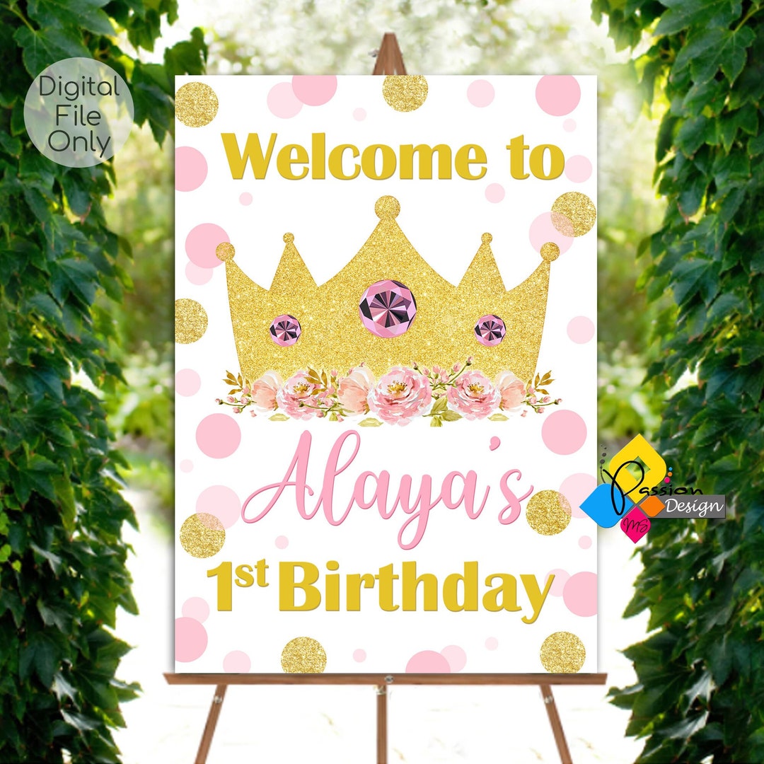 Printable PRINCESS Crown Party Pink Gold Welcome Board. Princess Theme ...
