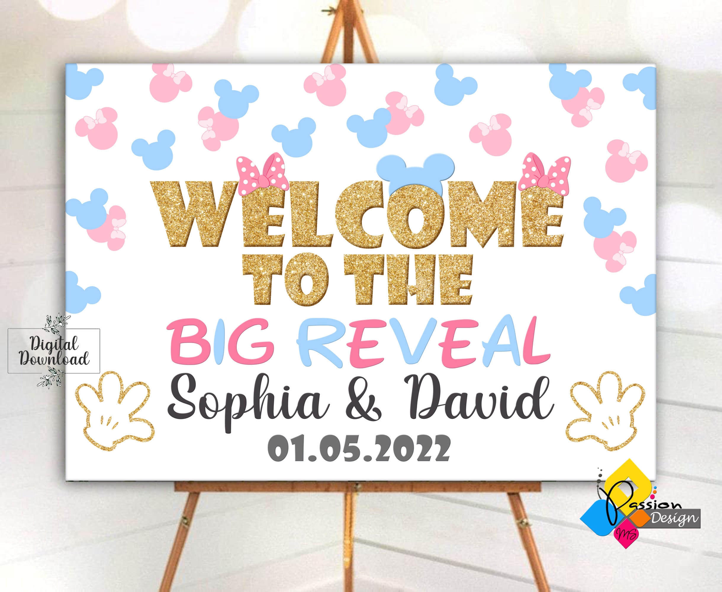 Printable MICKEY and MINNIE MOUSE Gender Reveal Welcome Board. Custom ...