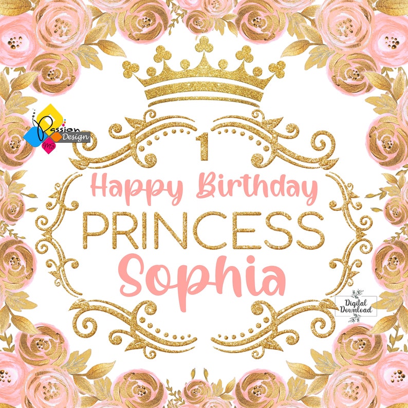 Printable PRINCESS Pink Gold Flowers Backdrop. Princess - Etsy