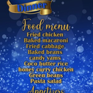 Printable Royal Blue and GOLD King Dinner Menu. Blue Luxury Menu Card ...