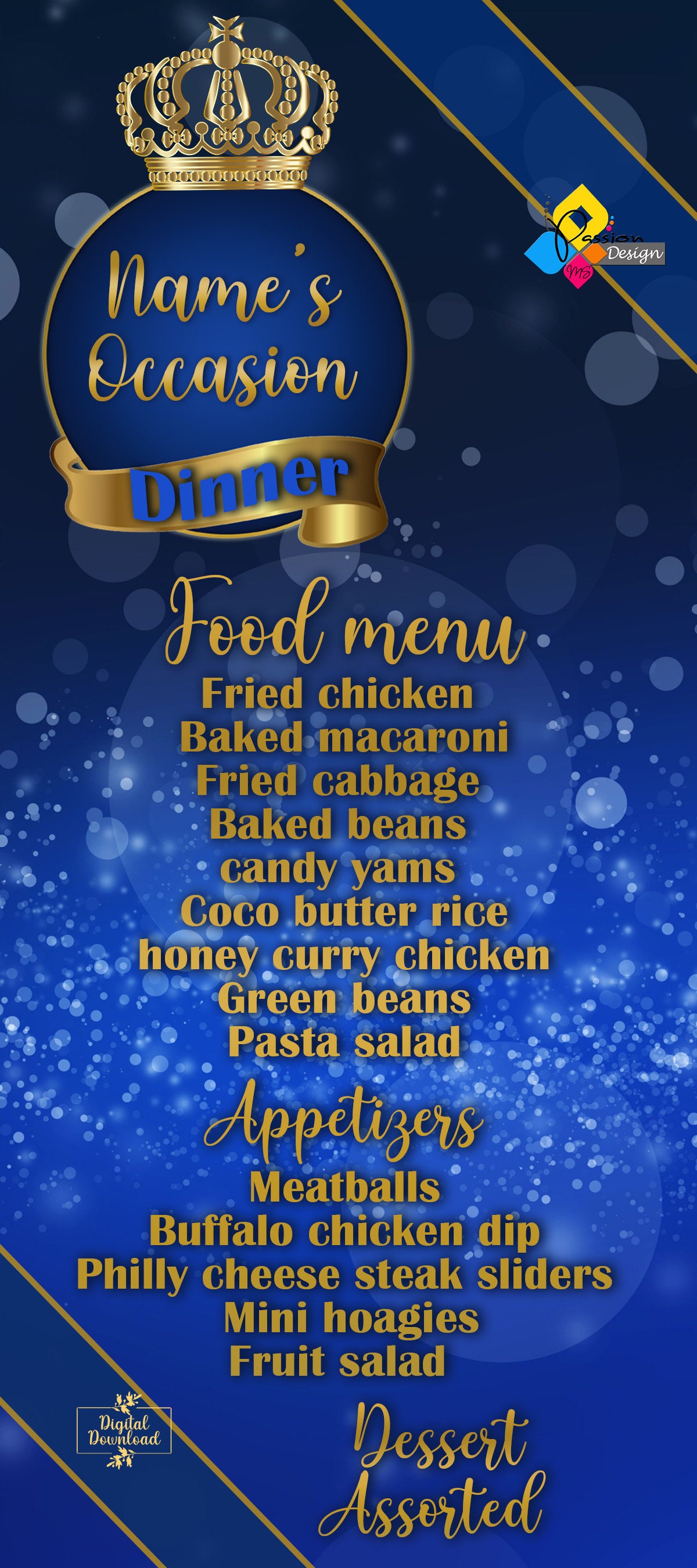 Printable Royal Blue and GOLD King Dinner Menu. Blue Luxury Menu Card ...
