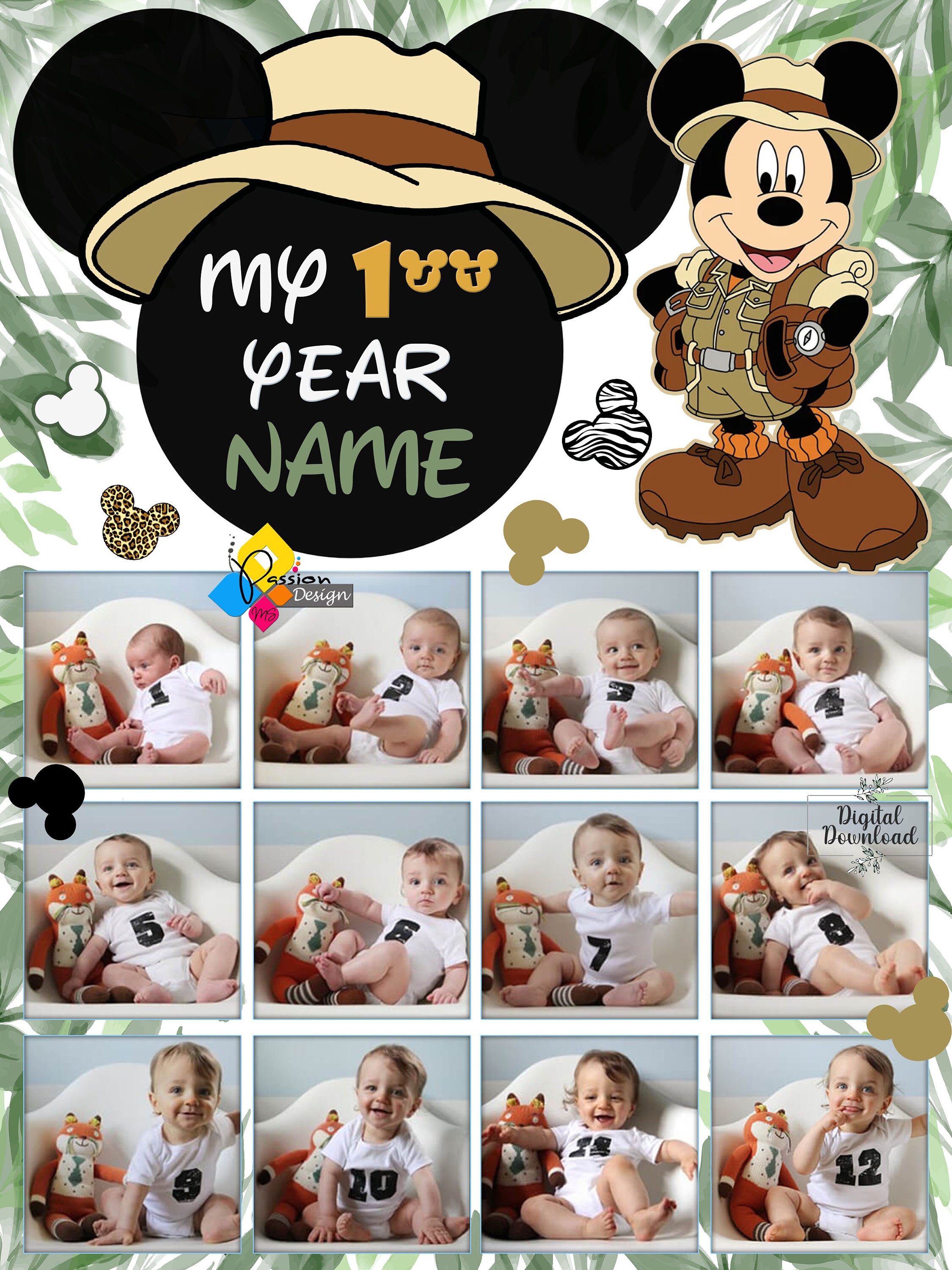Printable MICKEY MOUSE Safari Baby's First Year Photo Poster. Mickey ...