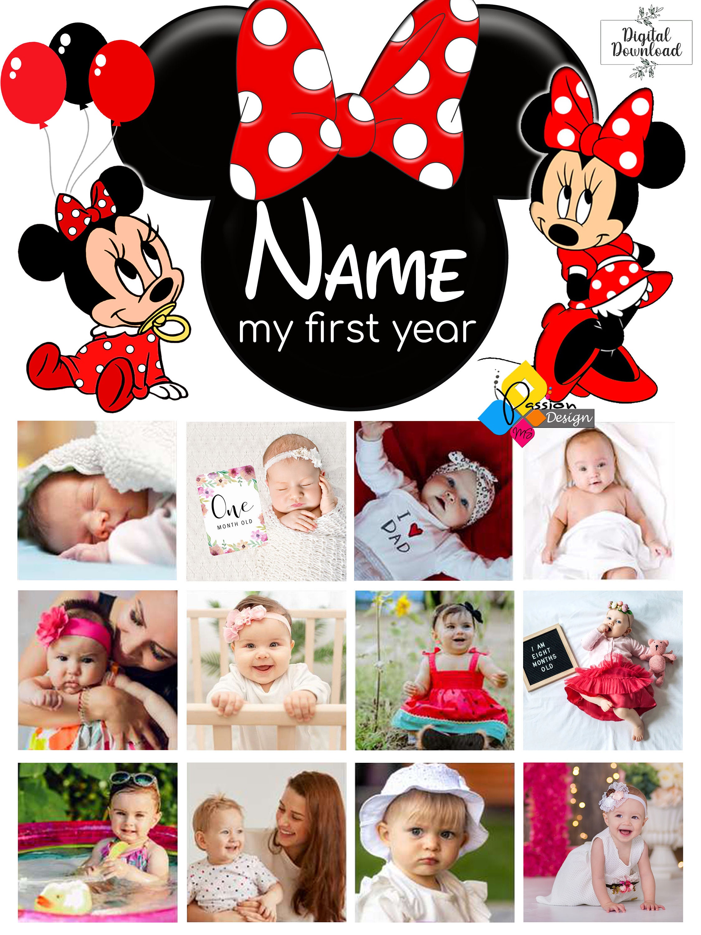 Printable Red MINNIE MOUSE Baby First Year Photo Poster. Minnie Mouse ...