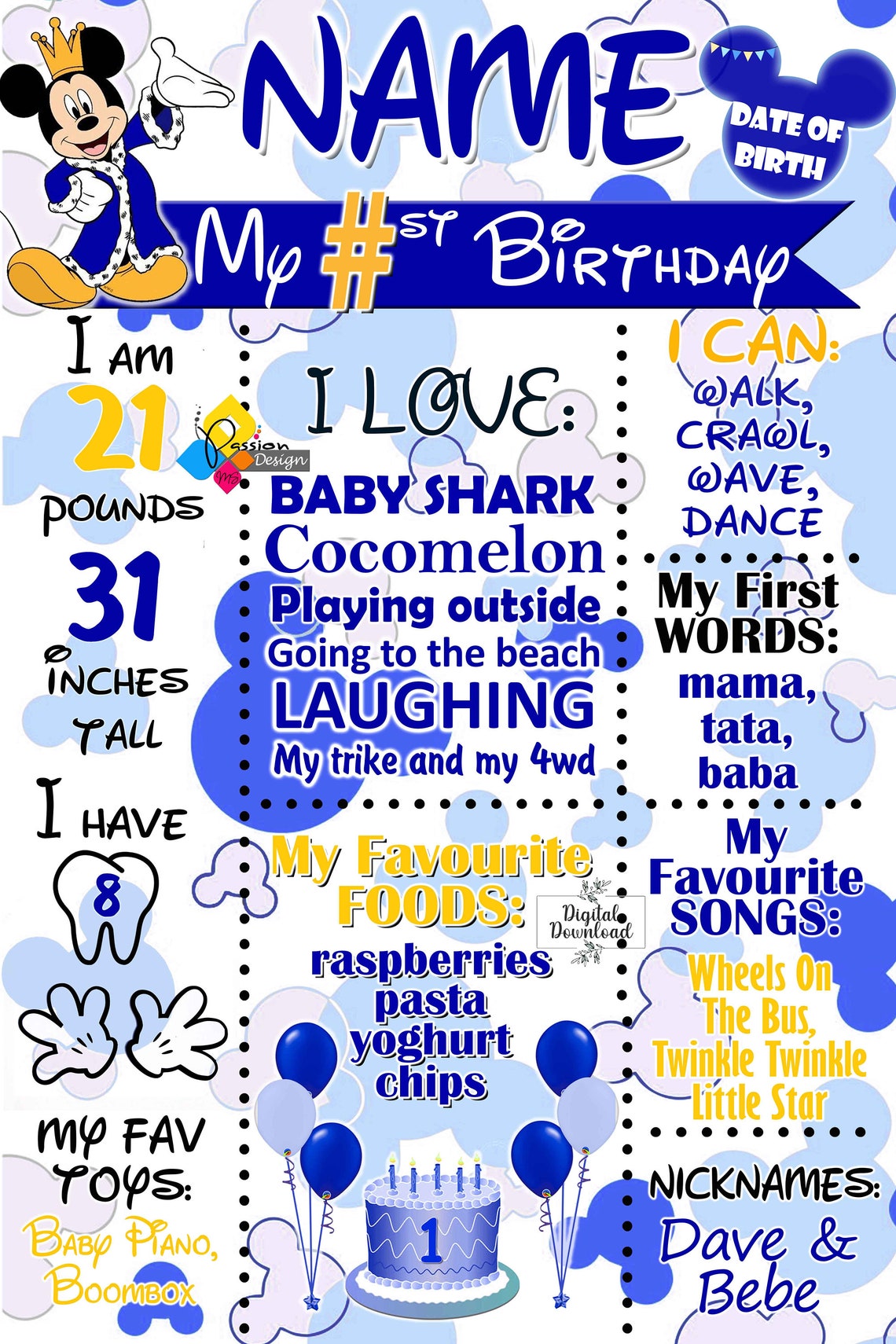 Printable MICKEY MOUSE Prince Milestone Board. Mickey Mouse Birthday ...