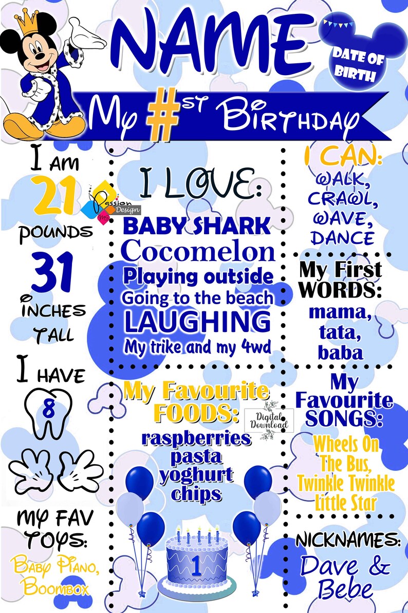 Printable MICKEY MOUSE Prince Milestone Board. Mickey Mouse - Etsy